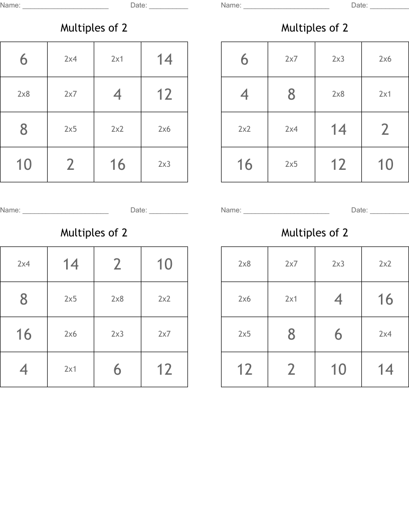 Multiples Of 2 Bingo Cards WordMint