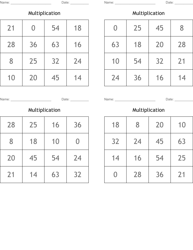 Multiplication Bingo Cards WordMint