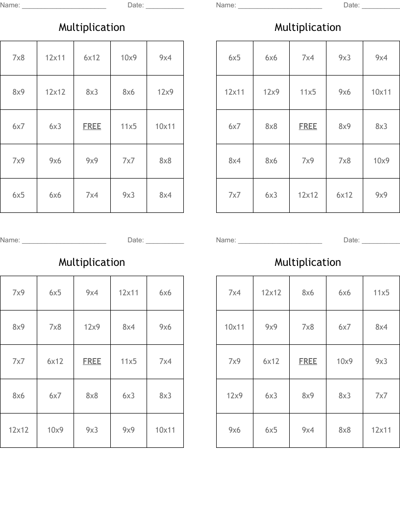 Multiplication Bingo Cards WordMint
