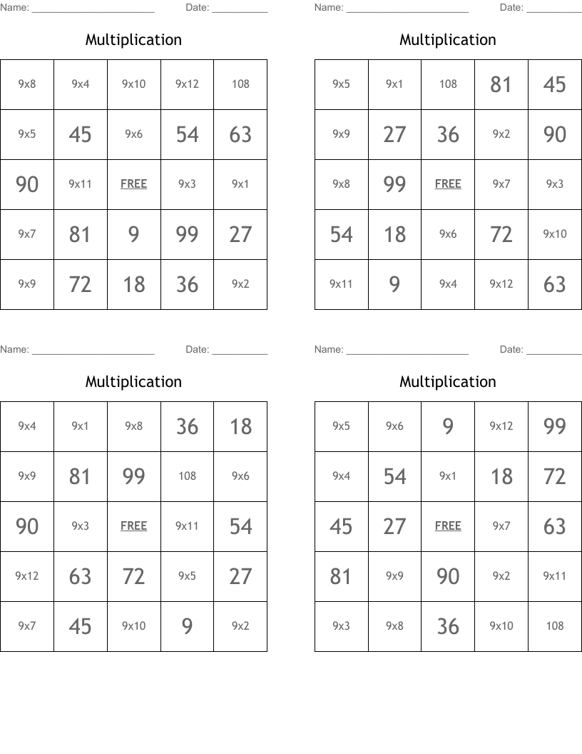 Multiplication Bingo Cards WordMint