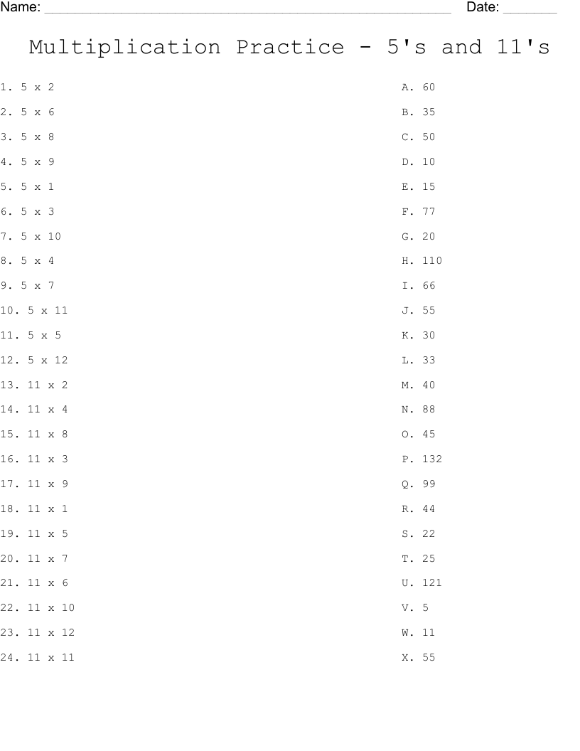Multiplication Practice 5 s And 11 s Worksheet WordMint Multiplication Practice 5 s And 11 s Worksheet WordMint