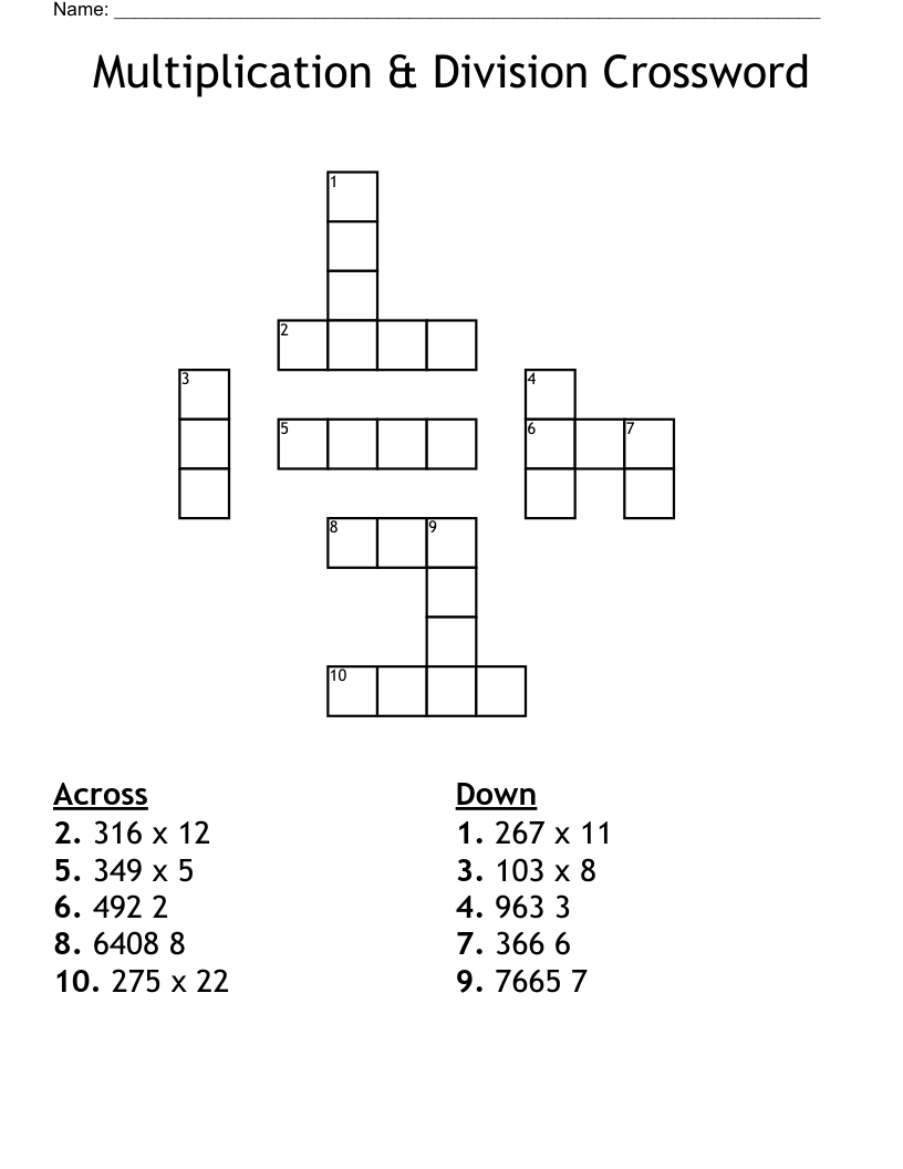 Multiplication Division Crossword WordMint