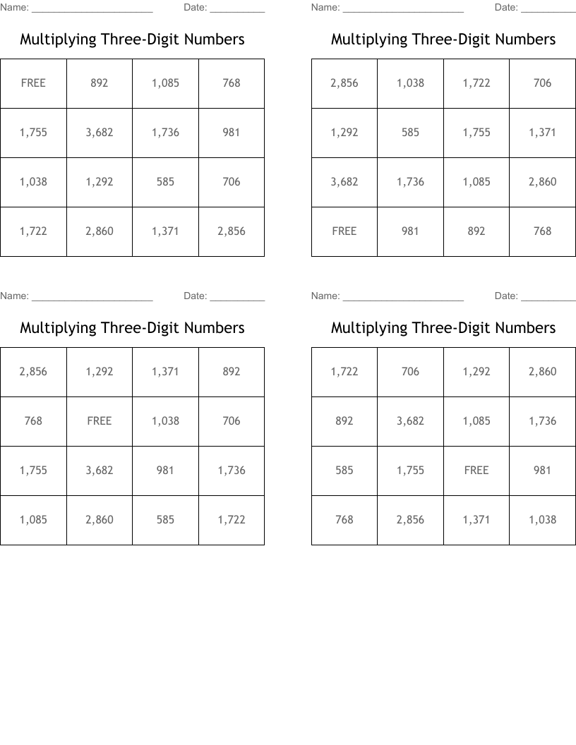 Multiplying Three-Digit Numbers Bingo Cards - WordMint