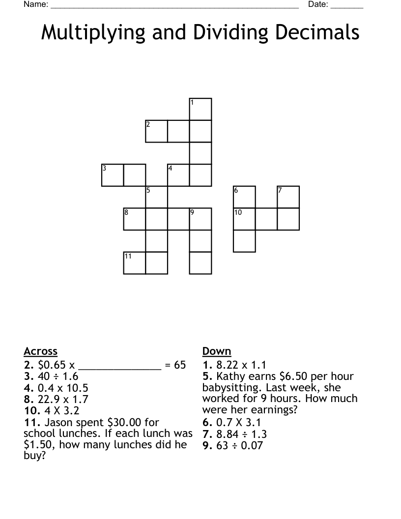 Multiplying And Dividing Decimals Crossword WordMint