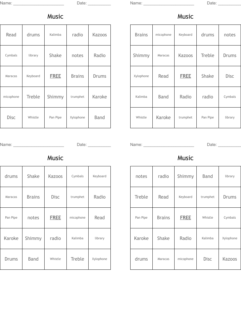 Music Bingo Cards WordMint