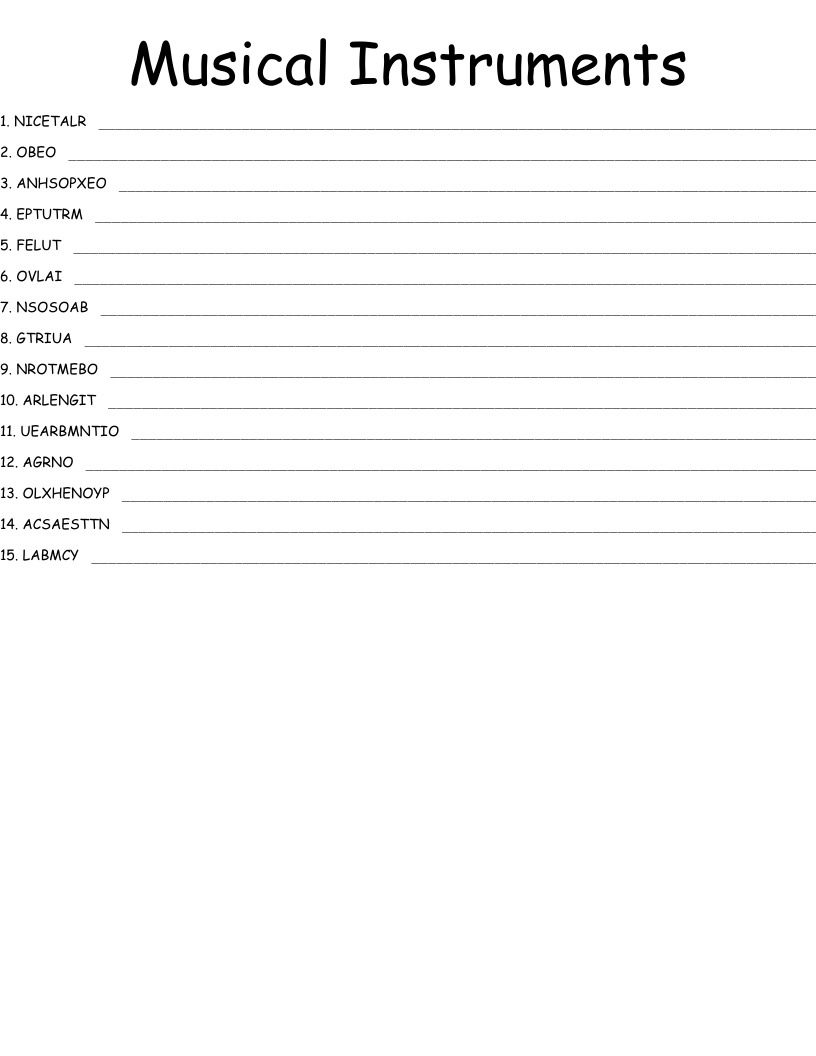 Musical Instruments Word Scramble - WordMint