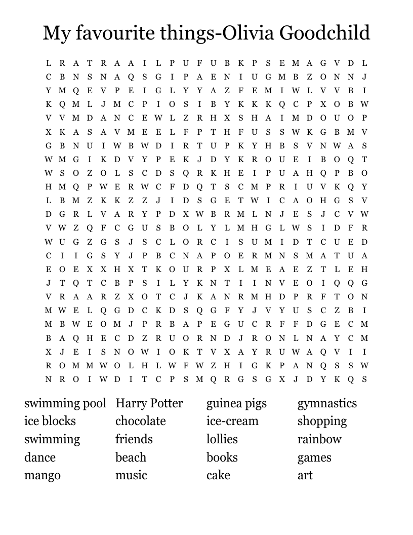 My favourite things-Olivia Goodchild Word Search - WordMint