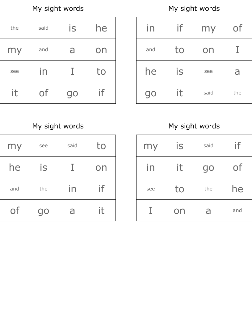 My sight words Bingo Cards - WordMint