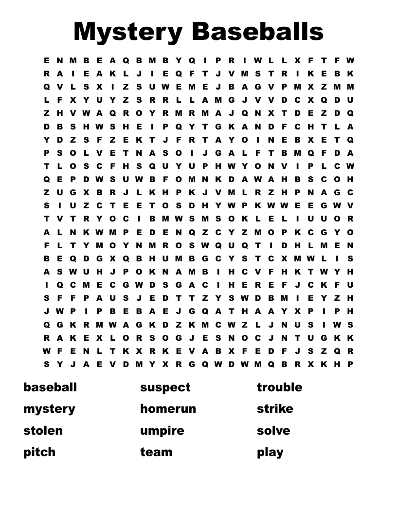 Mystery Baseballs Word Search - WordMint