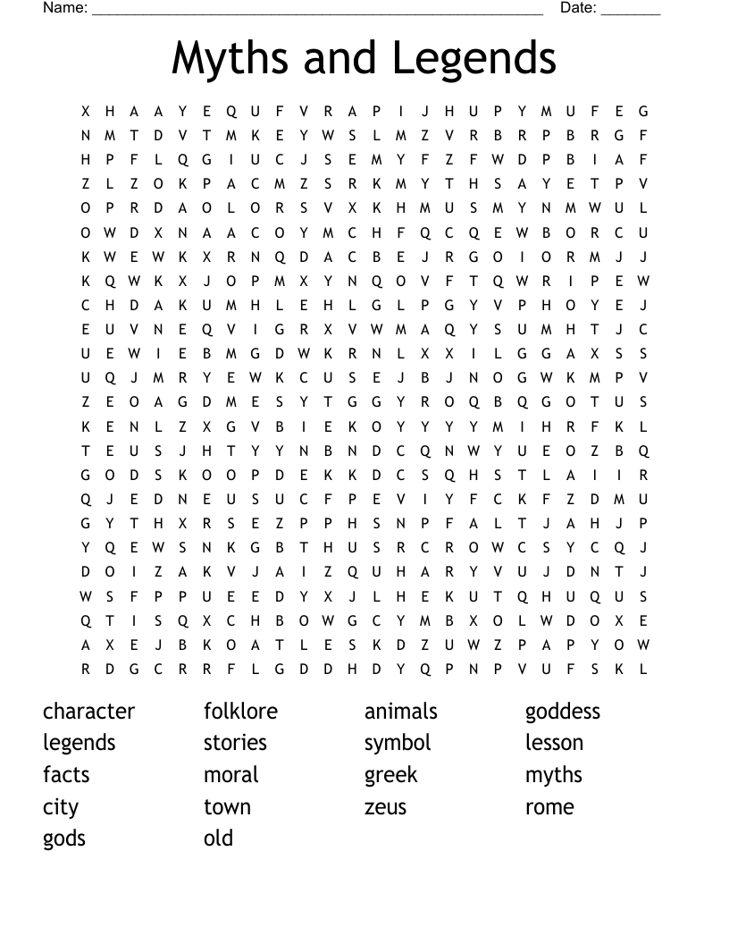 Myths and Legends Word Search - WordMint