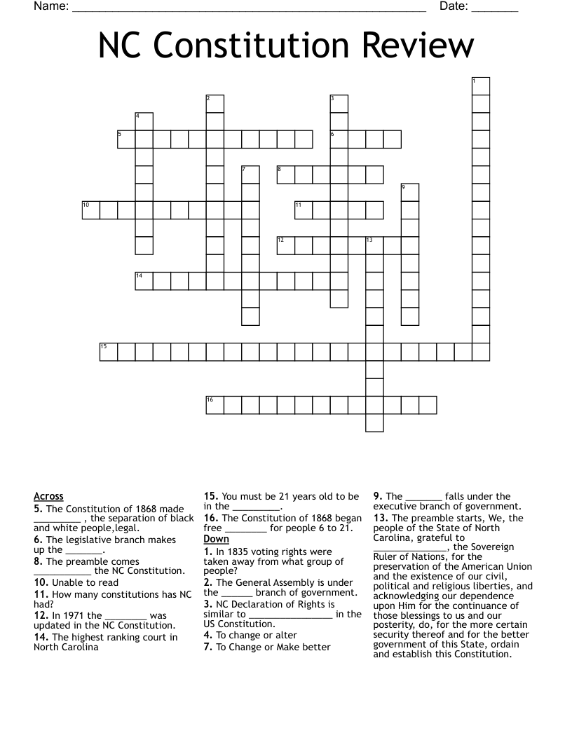 NC Constitution Review Crossword - WordMint