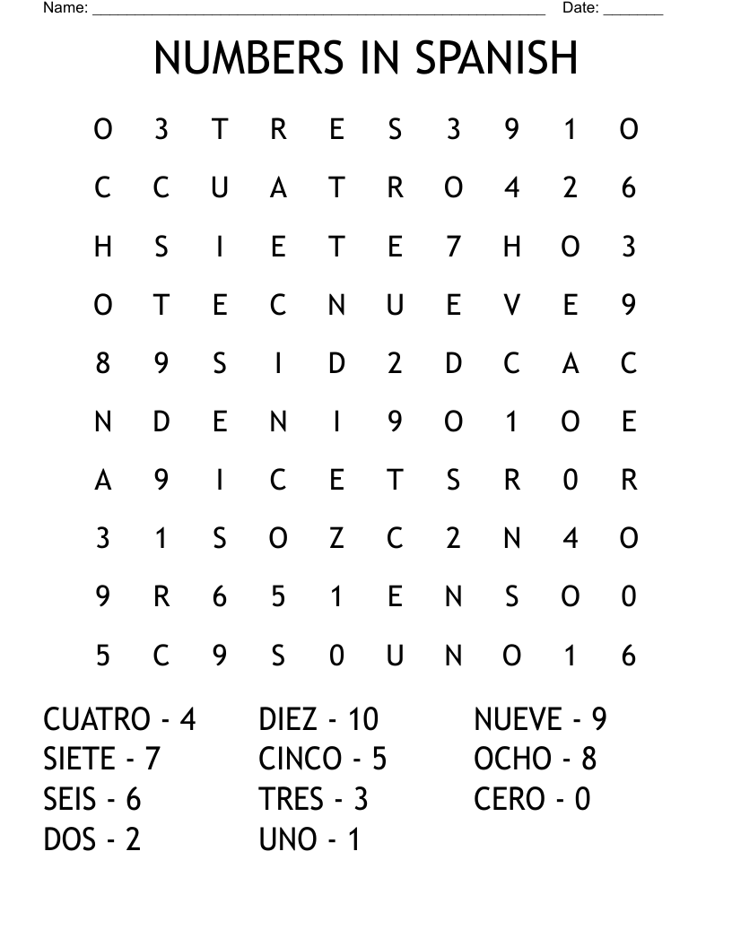 NUMBERS IN SPANISH Word Search WordMint