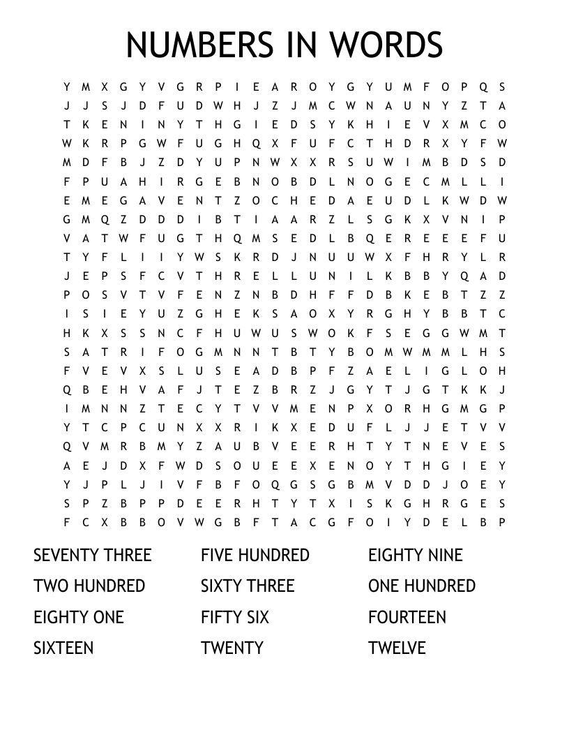 NUMBERS IN WORDS Word Search - WordMint