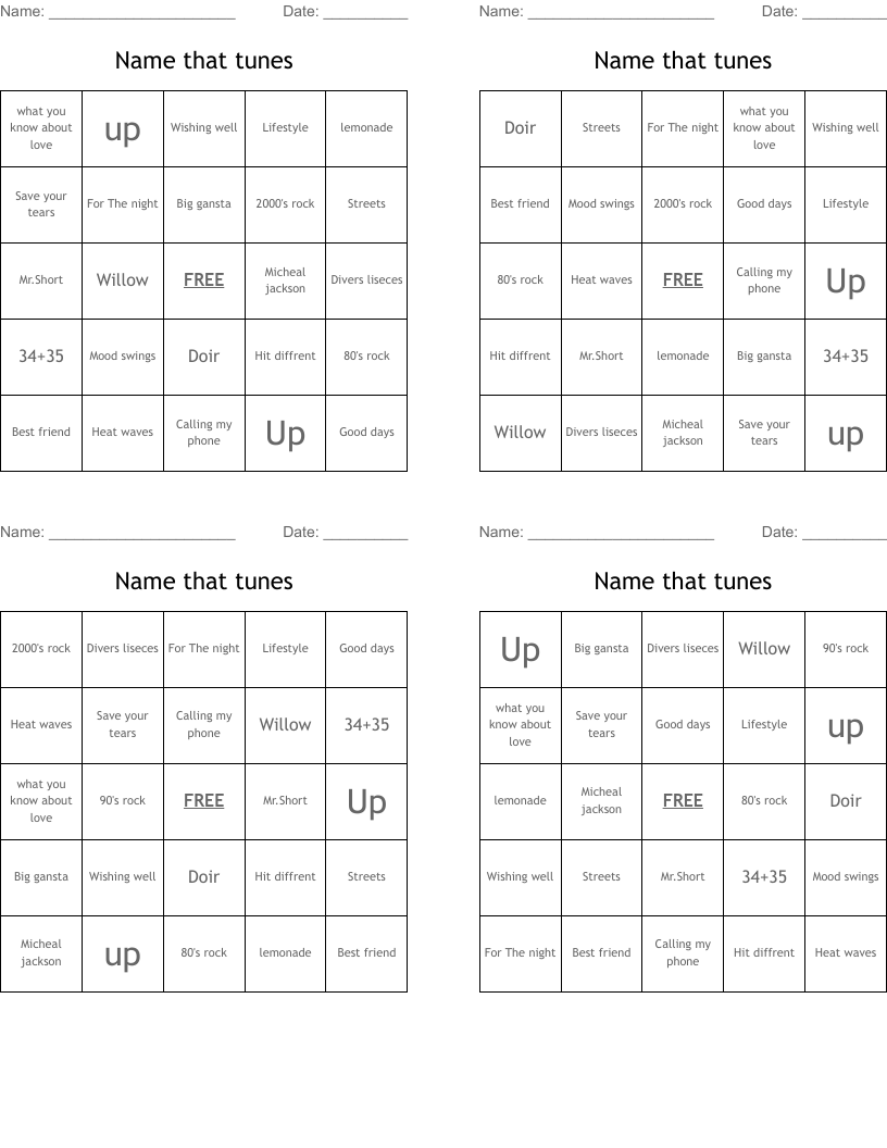 Name That Tunes Bingo Cards WordMint
