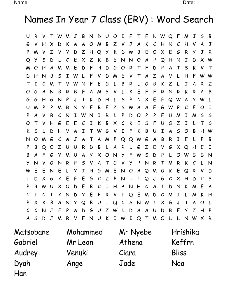 Names In Year 7 Class (ERV) : Word Search - WordMint