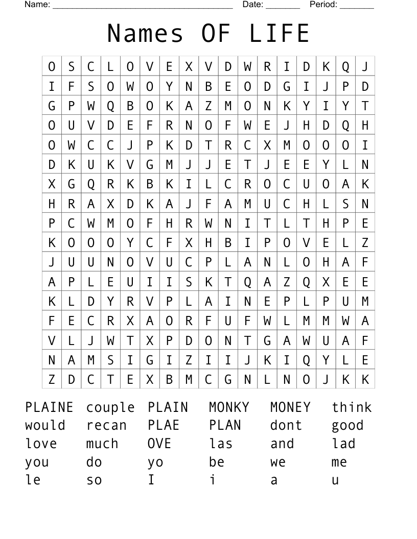 Names OF LIFE Word Search - WordMint