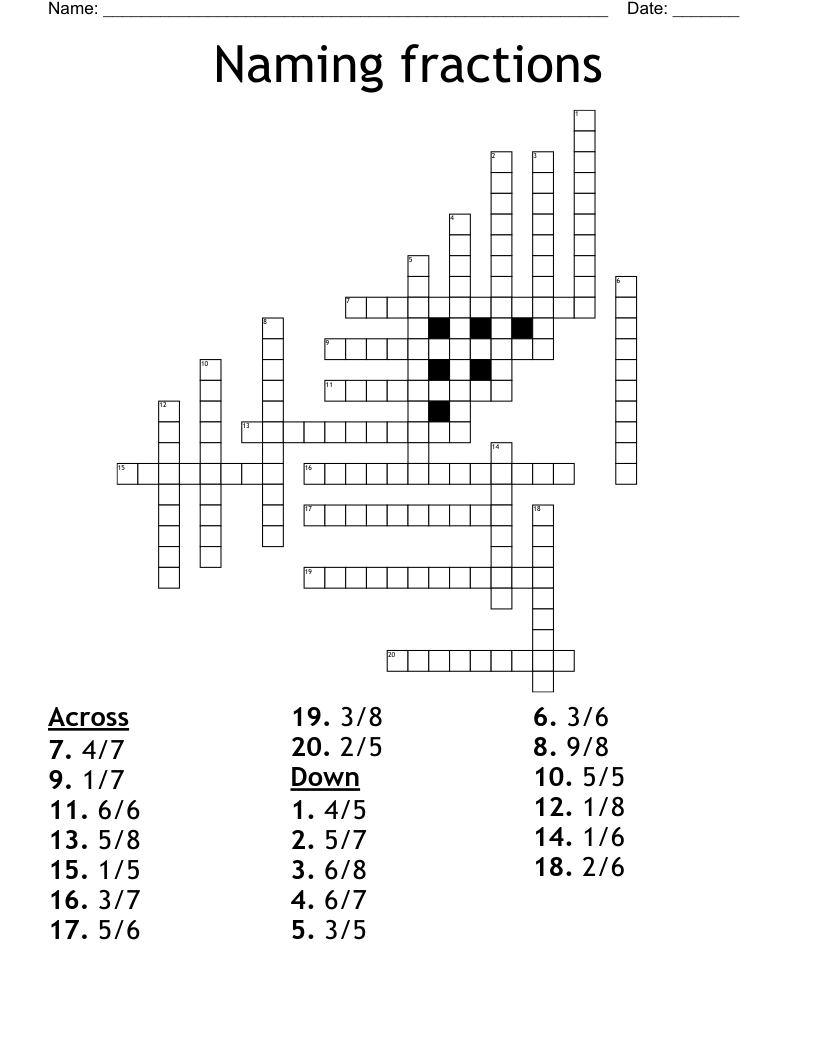 Naming Fractions Crossword WordMint
