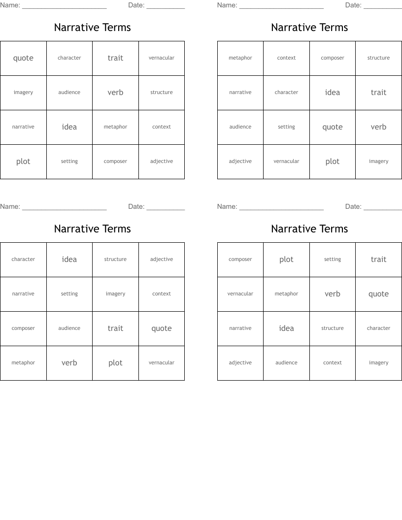 Narrative Terms Bingo Cards - WordMint