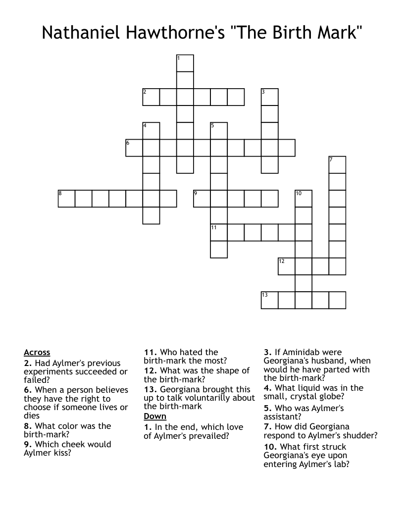 Nathaniel Hawthorne's "The Birth Mark" Crossword - WordMint
