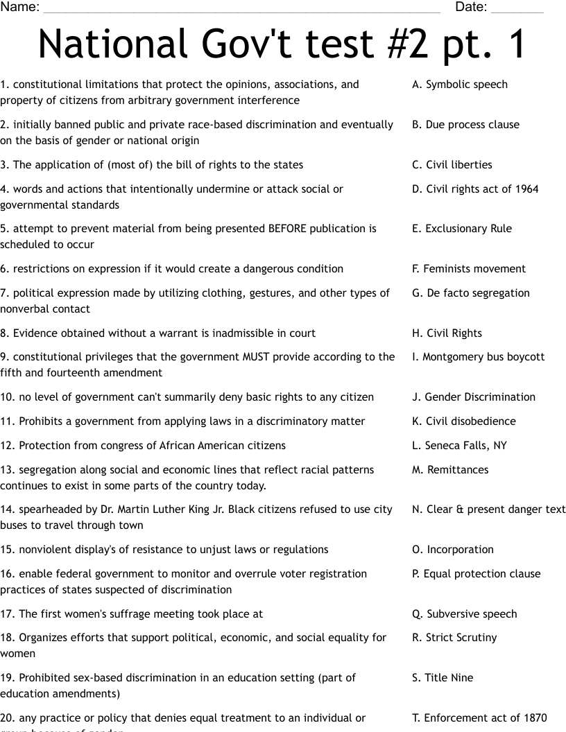 National Gov't test #2 pt. 1 Worksheet - WordMint