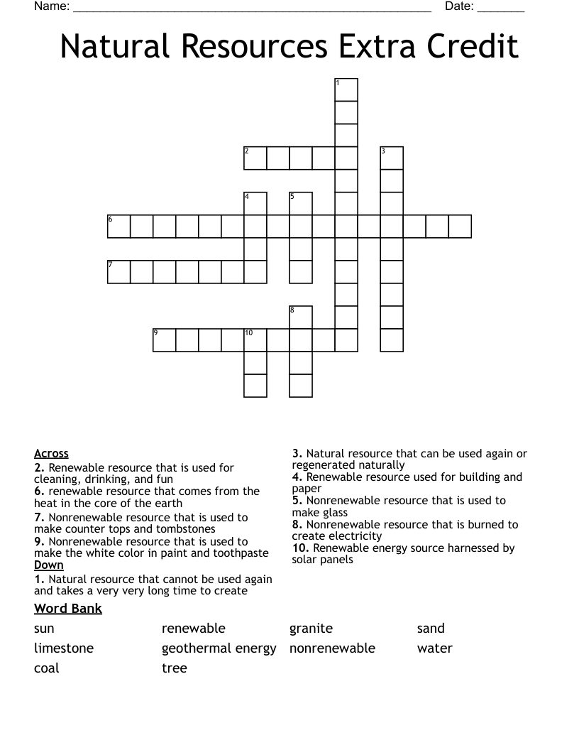 Natural Resources Extra Credit Crossword - WordMint
