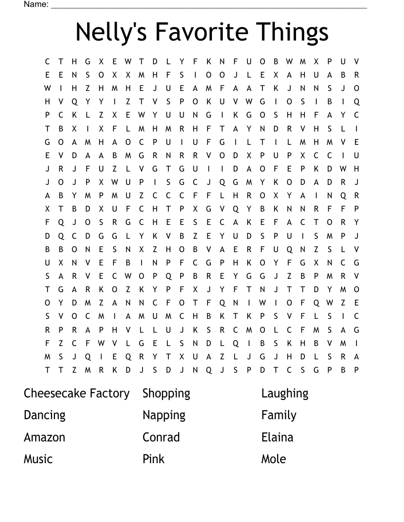 Nelly's Favorite Things Word Search - WordMint