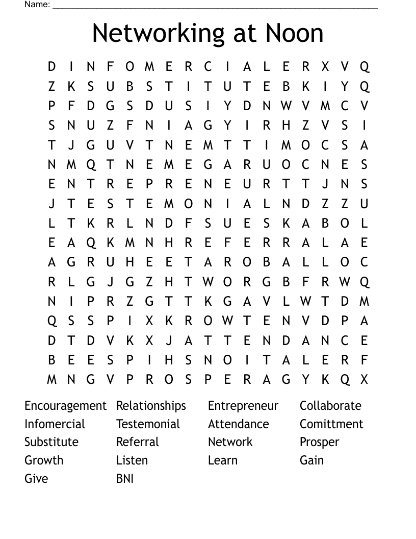 Networking at Noon Word Search - WordMint