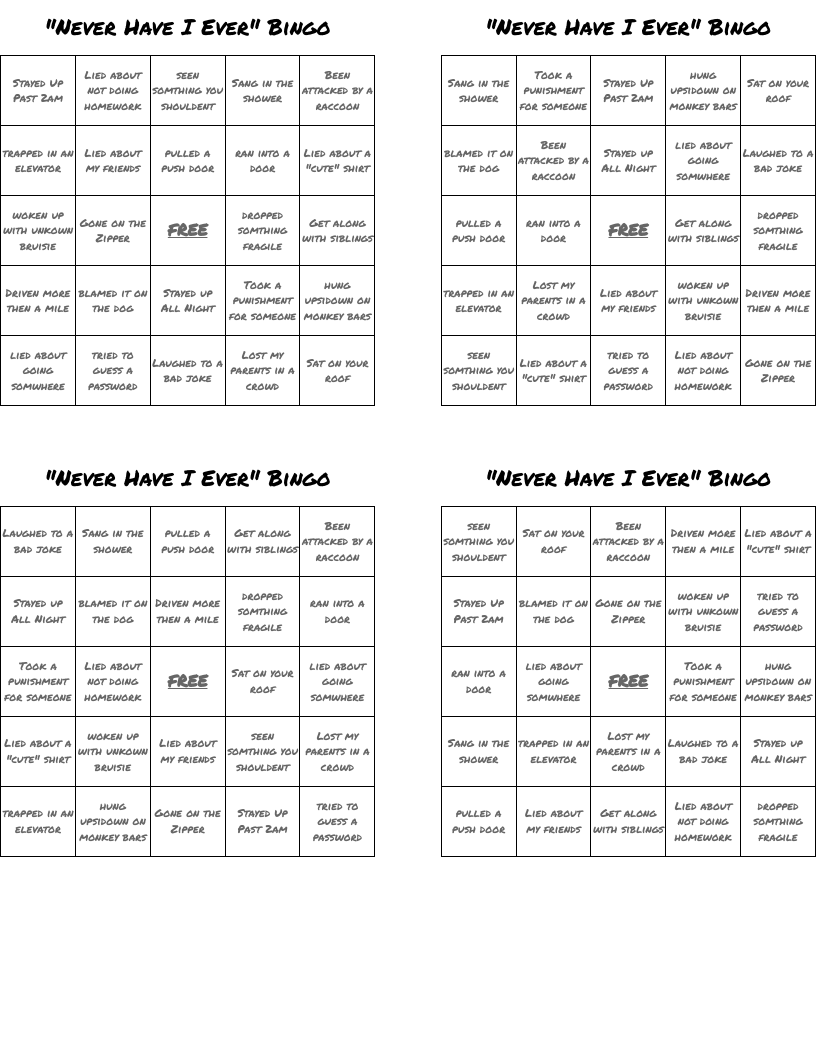 "Never Have I Ever" Bingo - WordMint