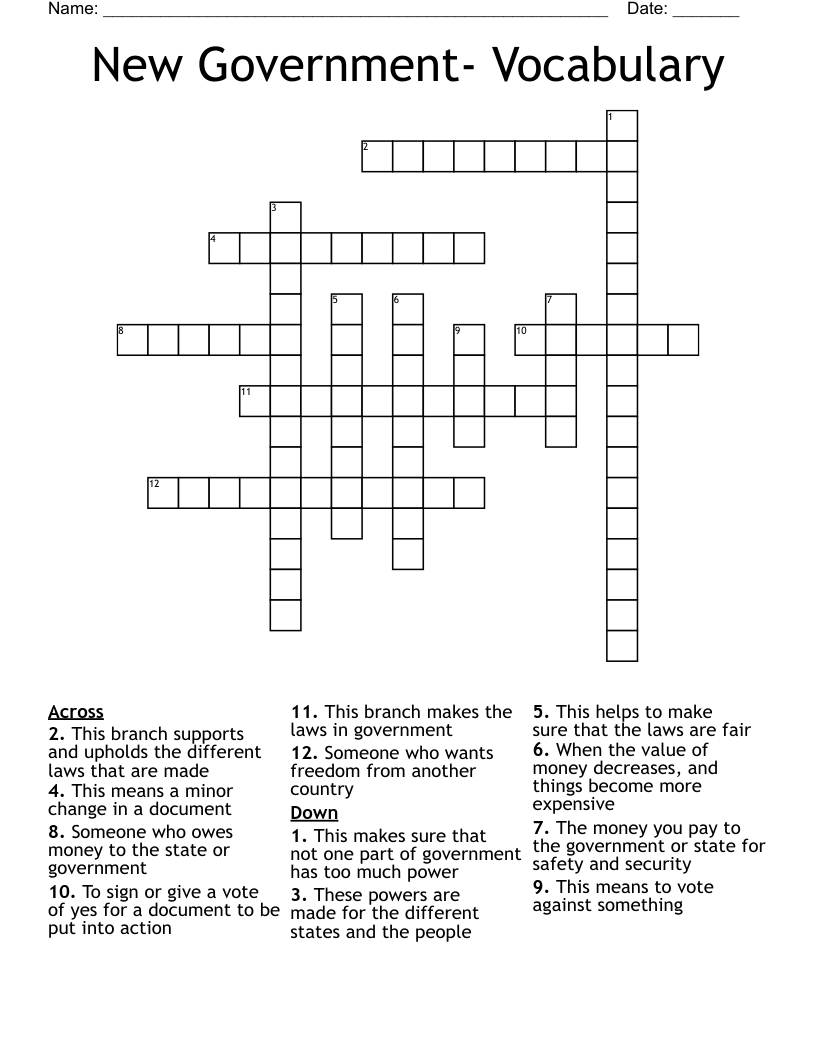New Government- Vocabulary Crossword - WordMint
