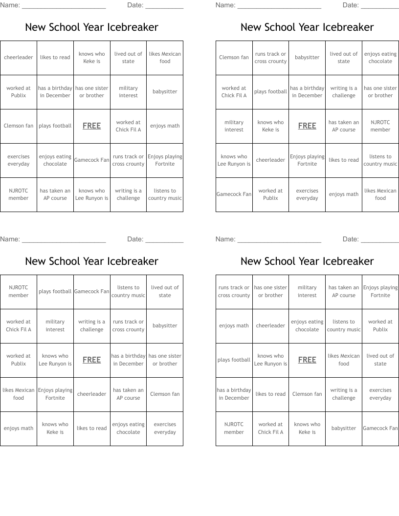 New School Year Icebreaker Bingo Cards - WordMint