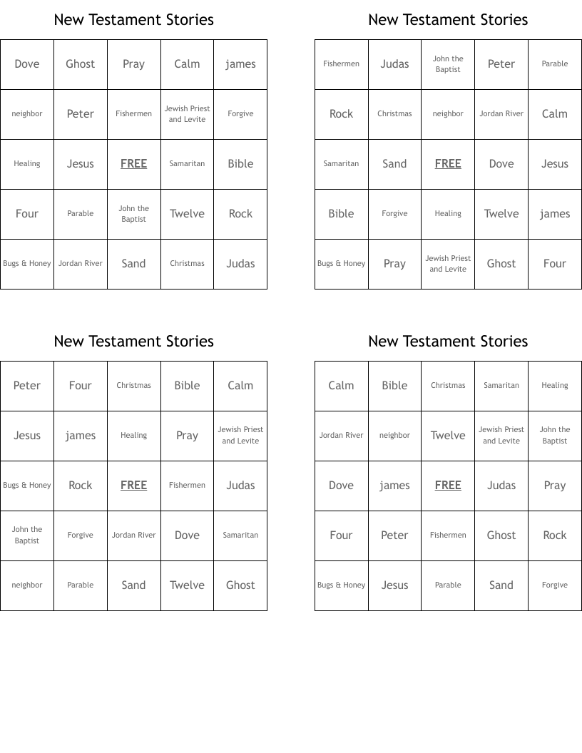 New Testament Stories Bingo Cards - WordMint