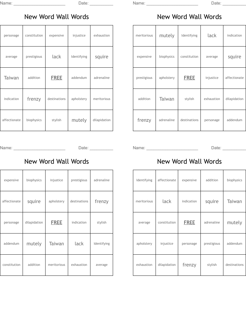 New Word Wall Words Bingo Cards - WordMint