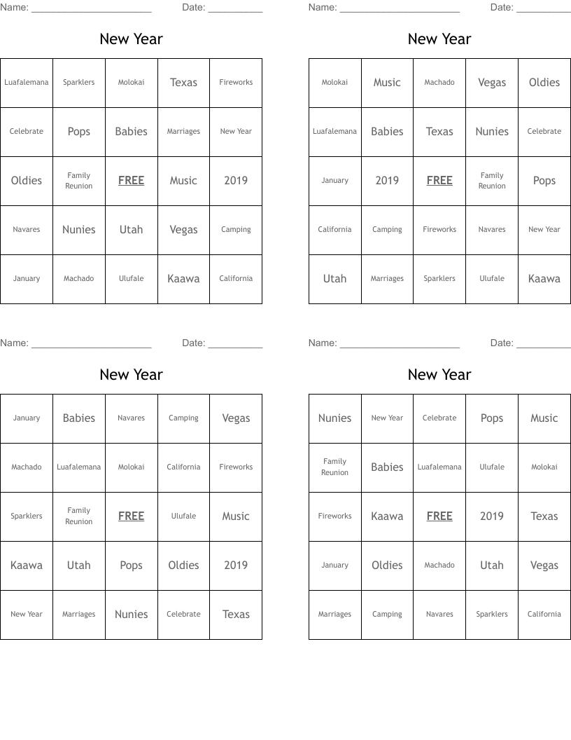 New Year Bingo Cards - WordMint