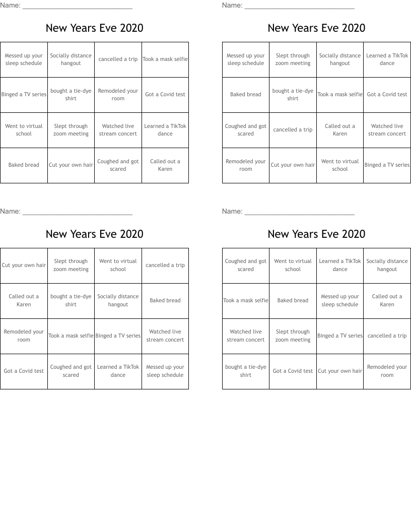 New Years Eve 2020 Bingo Cards WordMint