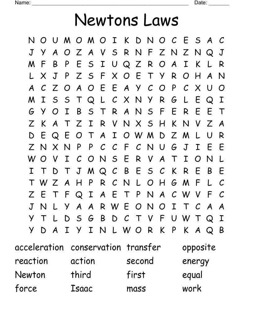 Newtons Laws Word Search - WordMint