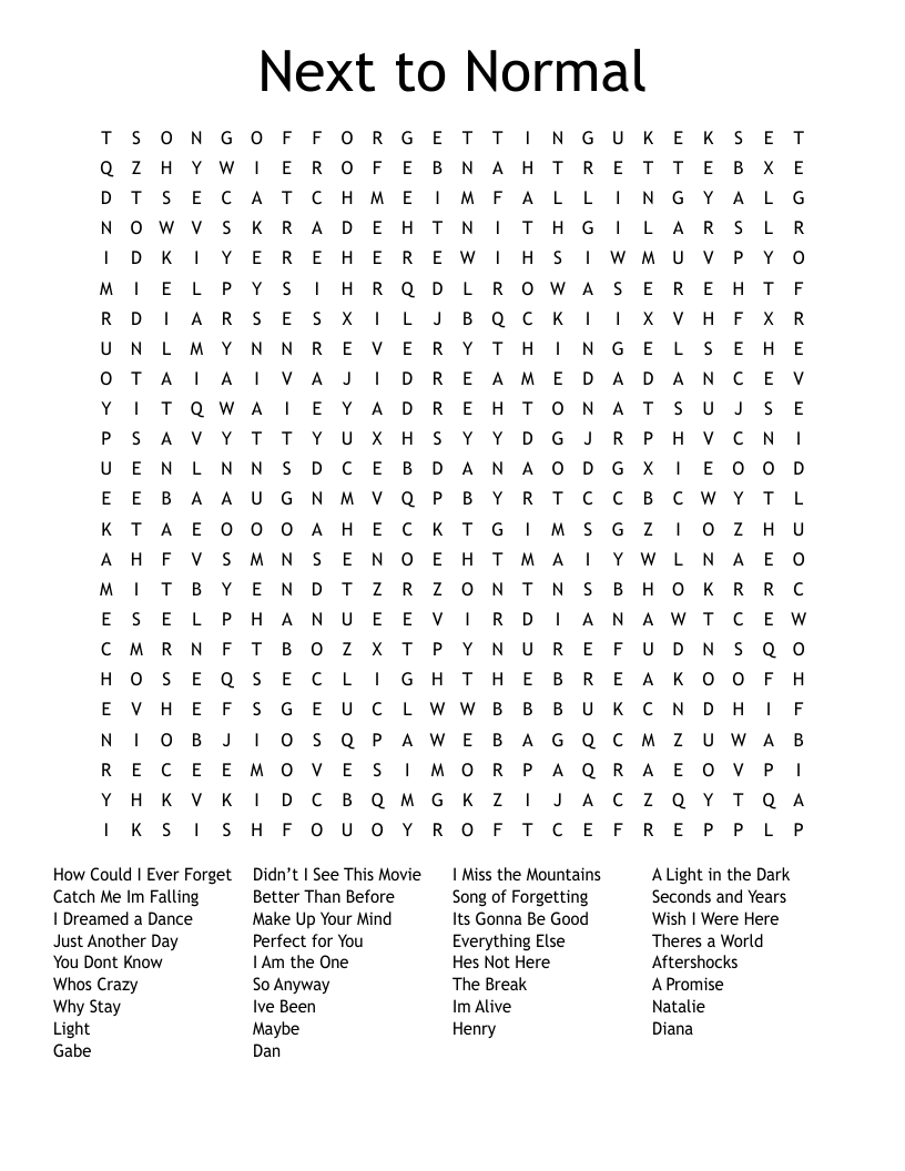 Next to Normal Word Search - WordMint