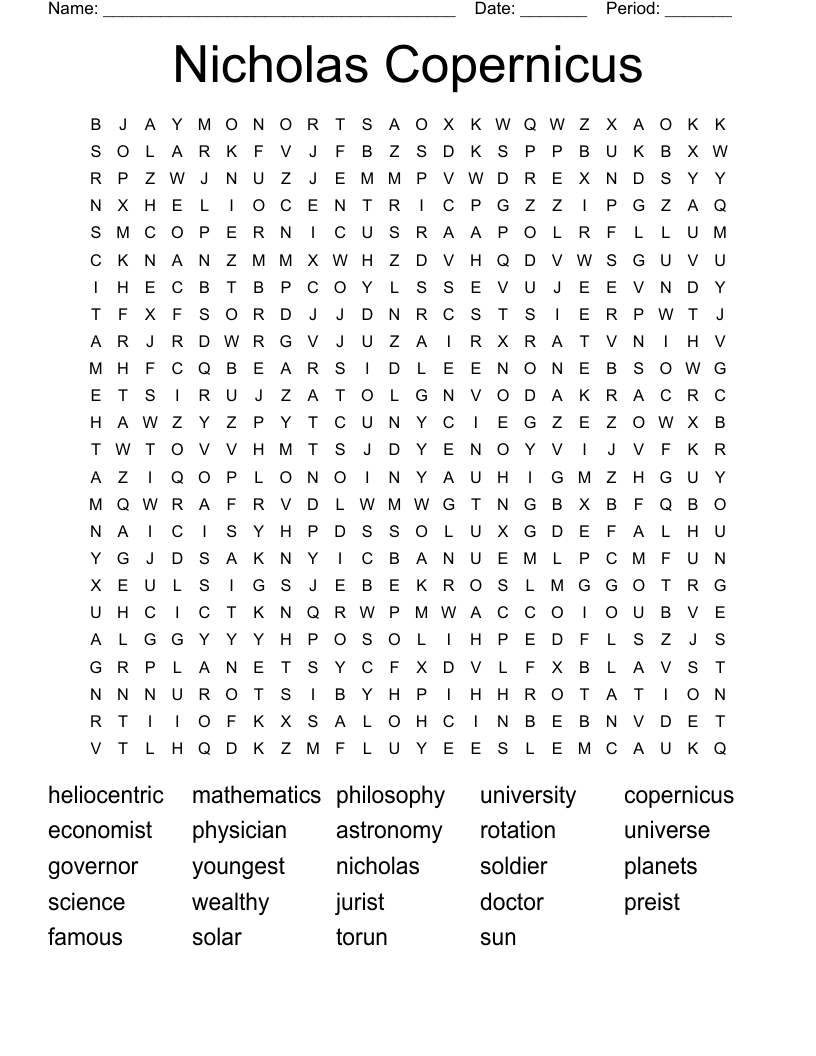 Nicholas Copernicus Word Search - WordMint