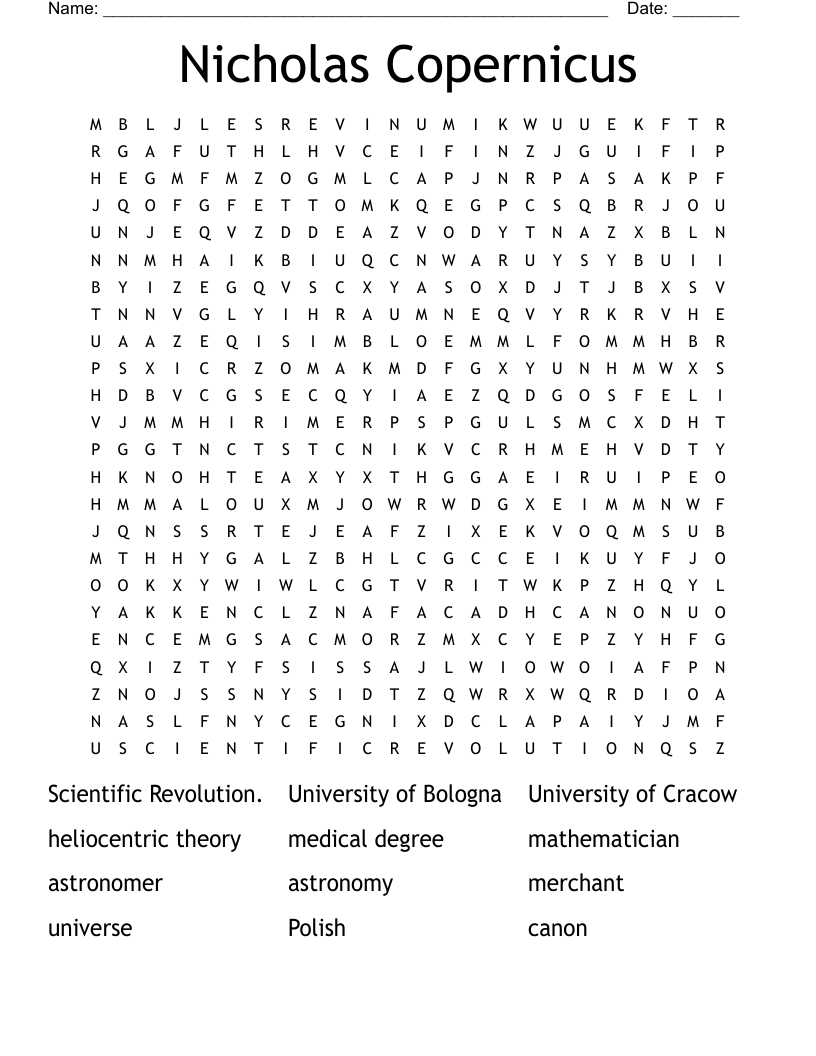 Nicholas Copernicus Word Search - WordMint