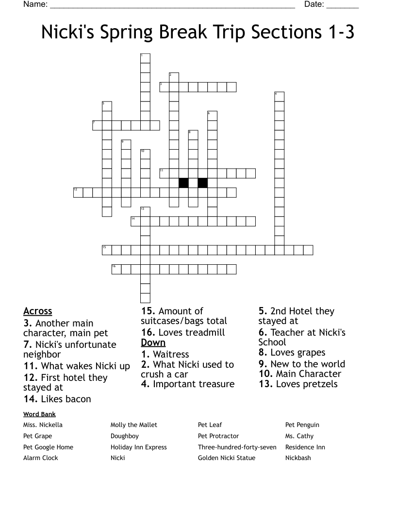 Nicki's Spring Break Trip Sections 1-3 Crossword - WordMint