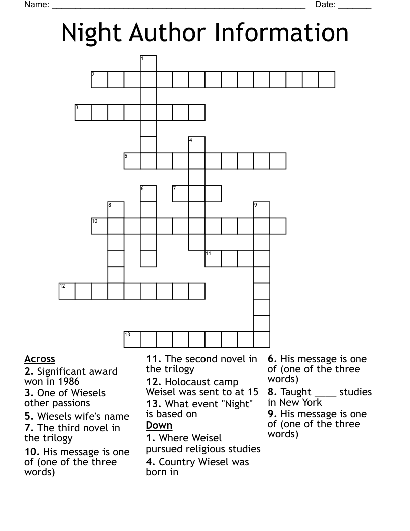 Night Author Information Crossword - WordMint