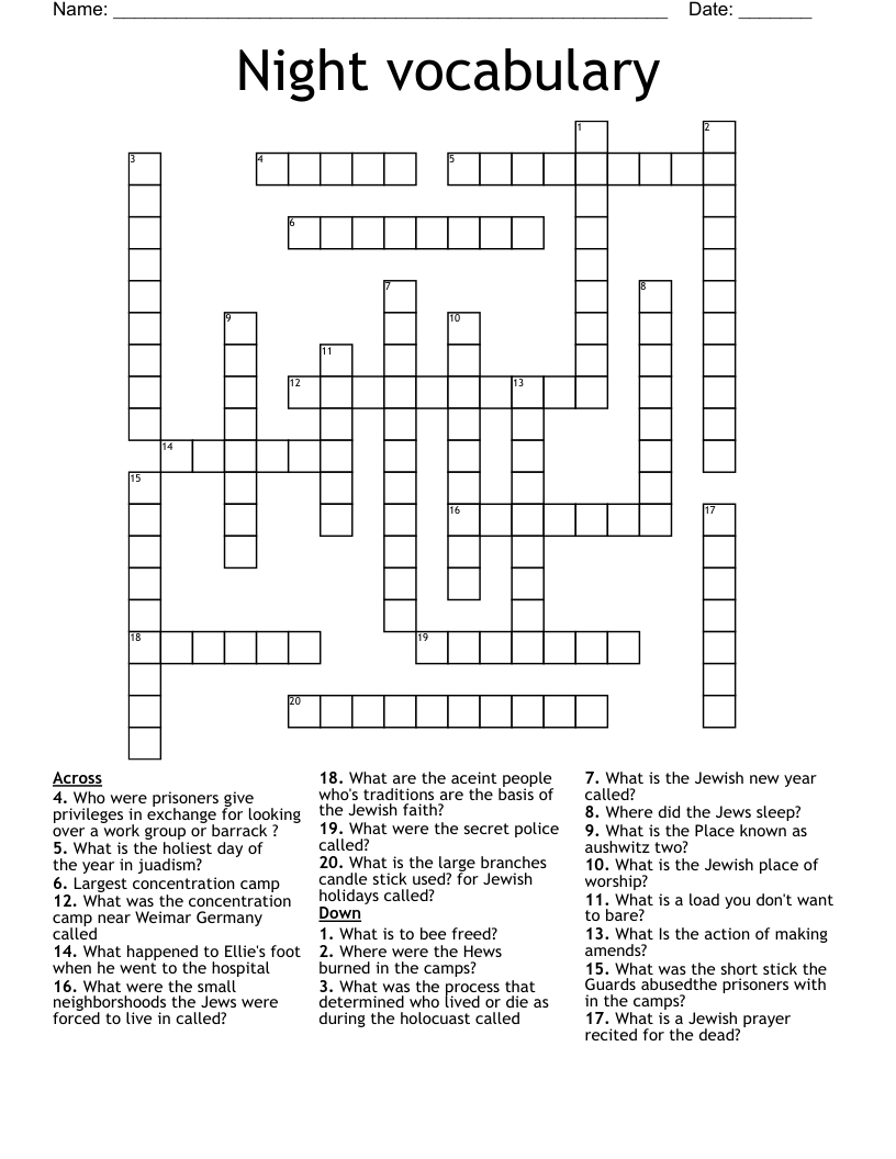 Night vocabulary Crossword - WordMint