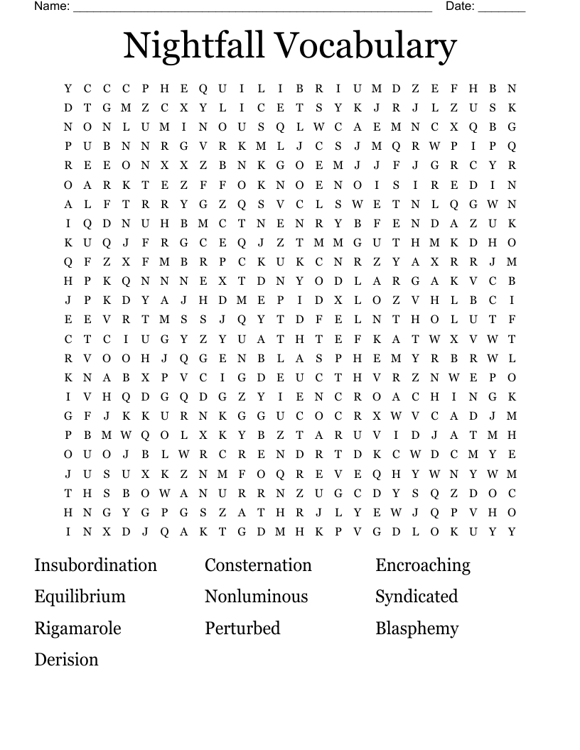 Nightfall Vocabulary Word Search - WordMint
