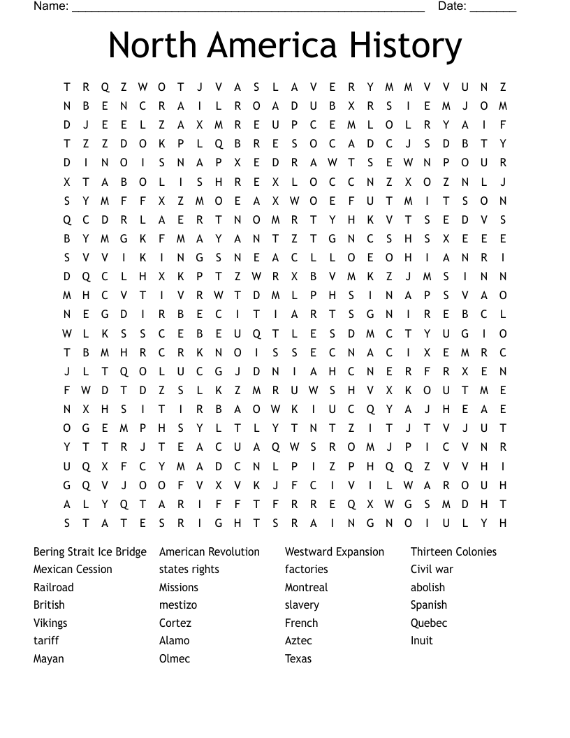 North America History Word Search - WordMint