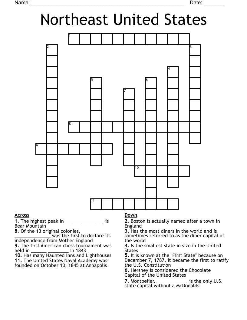 Northeast United States Crossword - WordMint