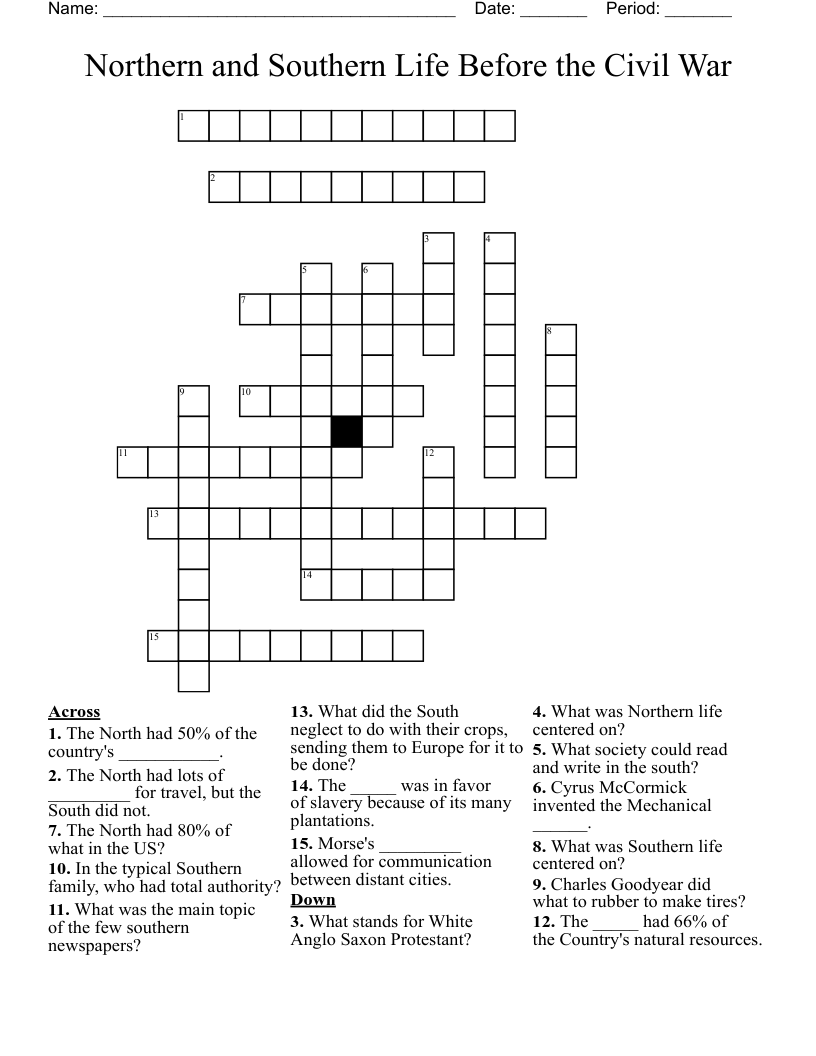 Northern and Southern Life Before the Civil War Crossword - WordMint