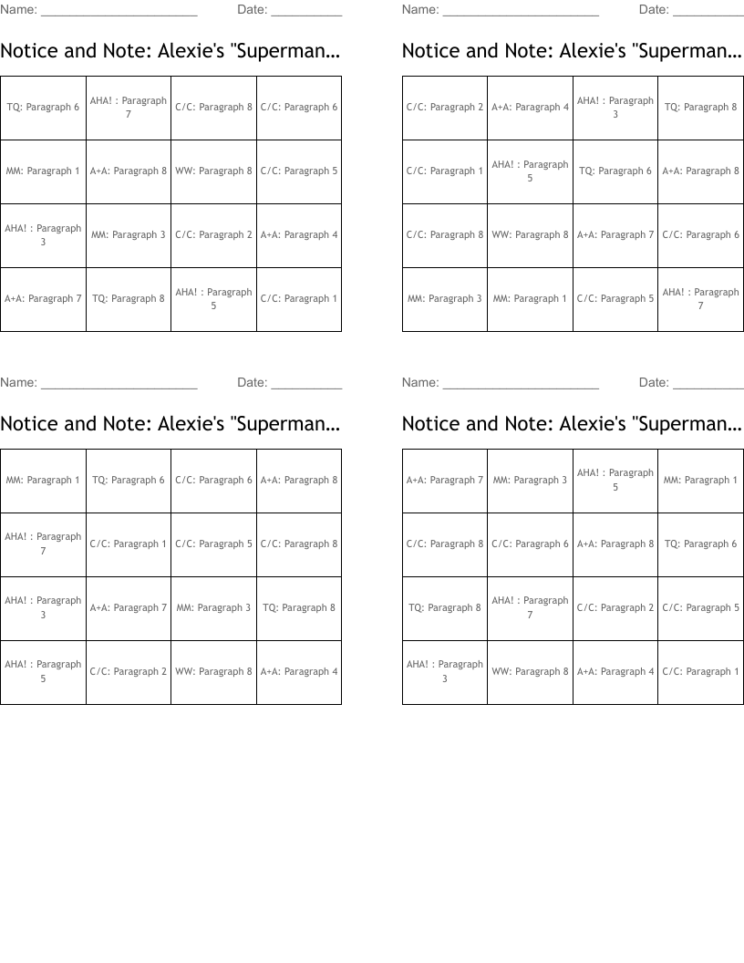 Notice and Note: Alexie's "Superman and Me" Bingo Cards - WordMint