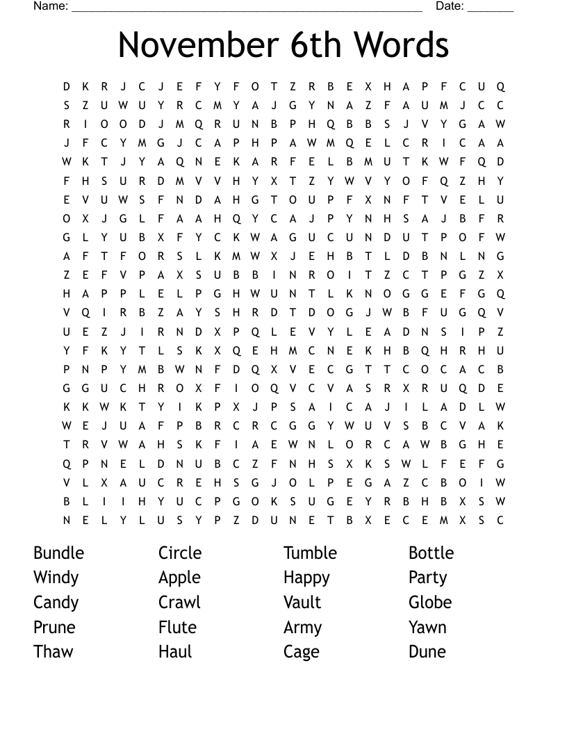 November 6th Words Word Search - WordMint