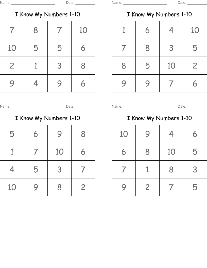 I Know My Numbers 1-10 Bingo Cards - WordMint