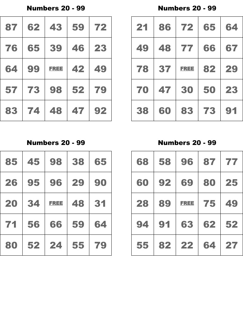 Numbers 20 99 Bingo Cards WordMint