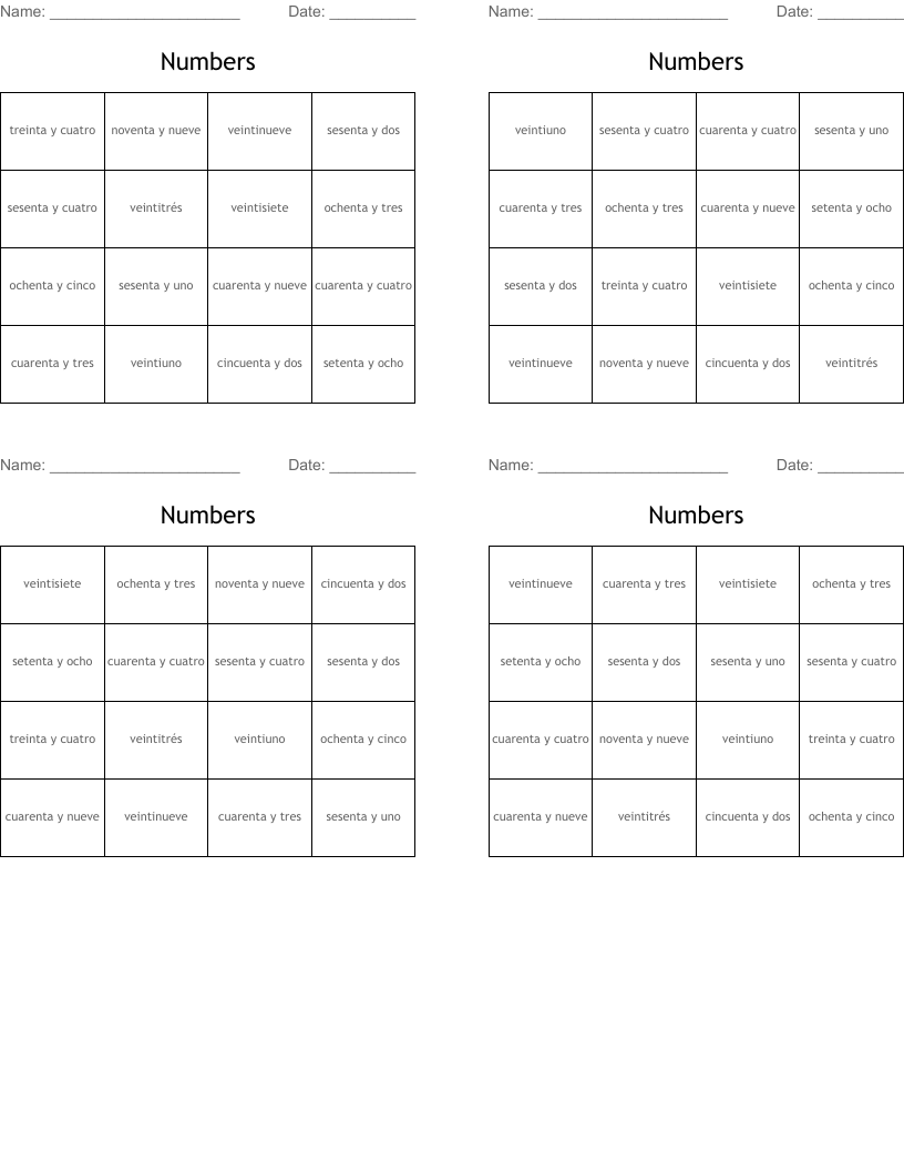 Numbers Bingo Cards WordMint